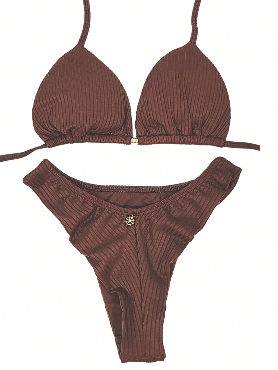 Reinforced Ribbed Double String Bikini With Removable Cups | SHEIN USA