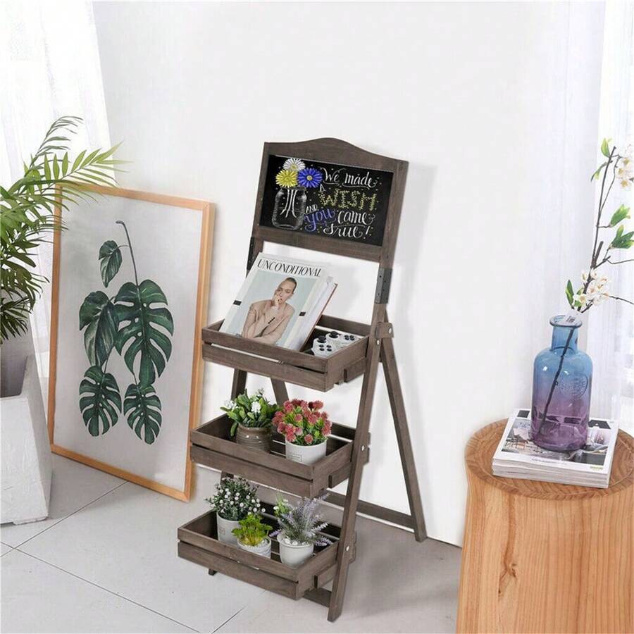 Folding Wood A-Frame Pavement Chalkboard With 3 Tier Ladder Plant Stand ...