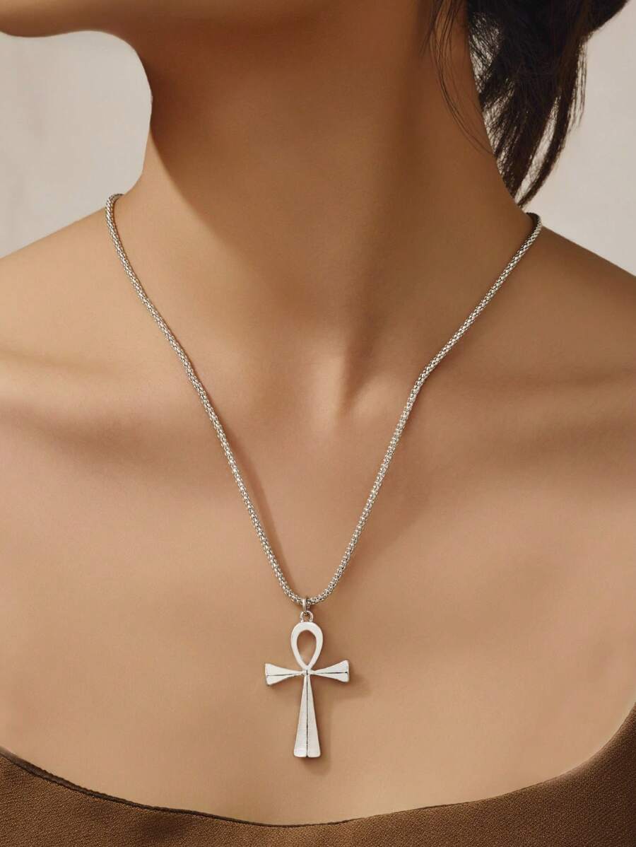 1pc New Style Bowknot Cross Necklace, Minimalist Vintage Egyptian Cross Pendant Necklace, & Edgy ...