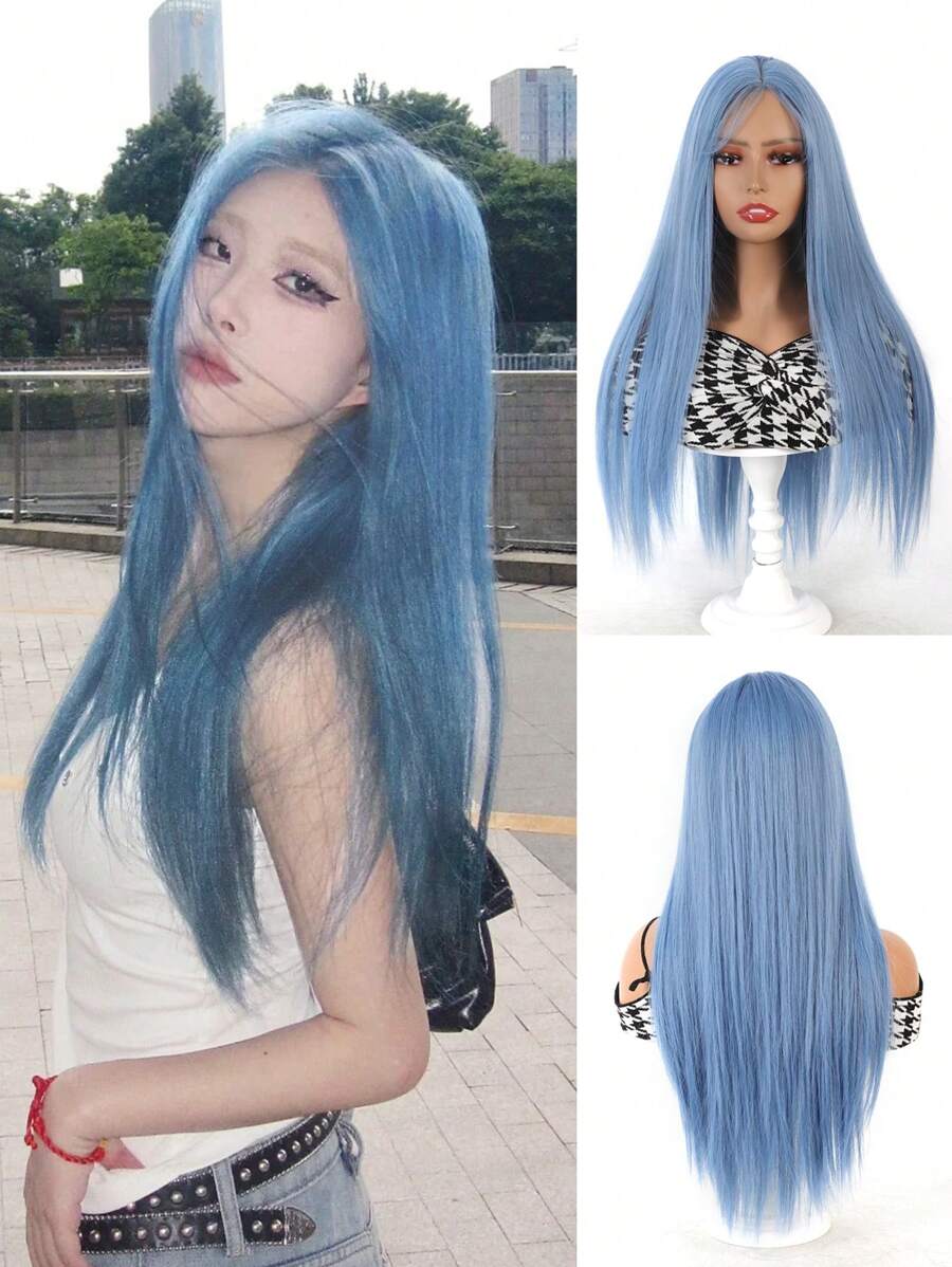 28 Inch Small Forelock Lace Hand-Woven Parted Haze Blue Long Straight ...