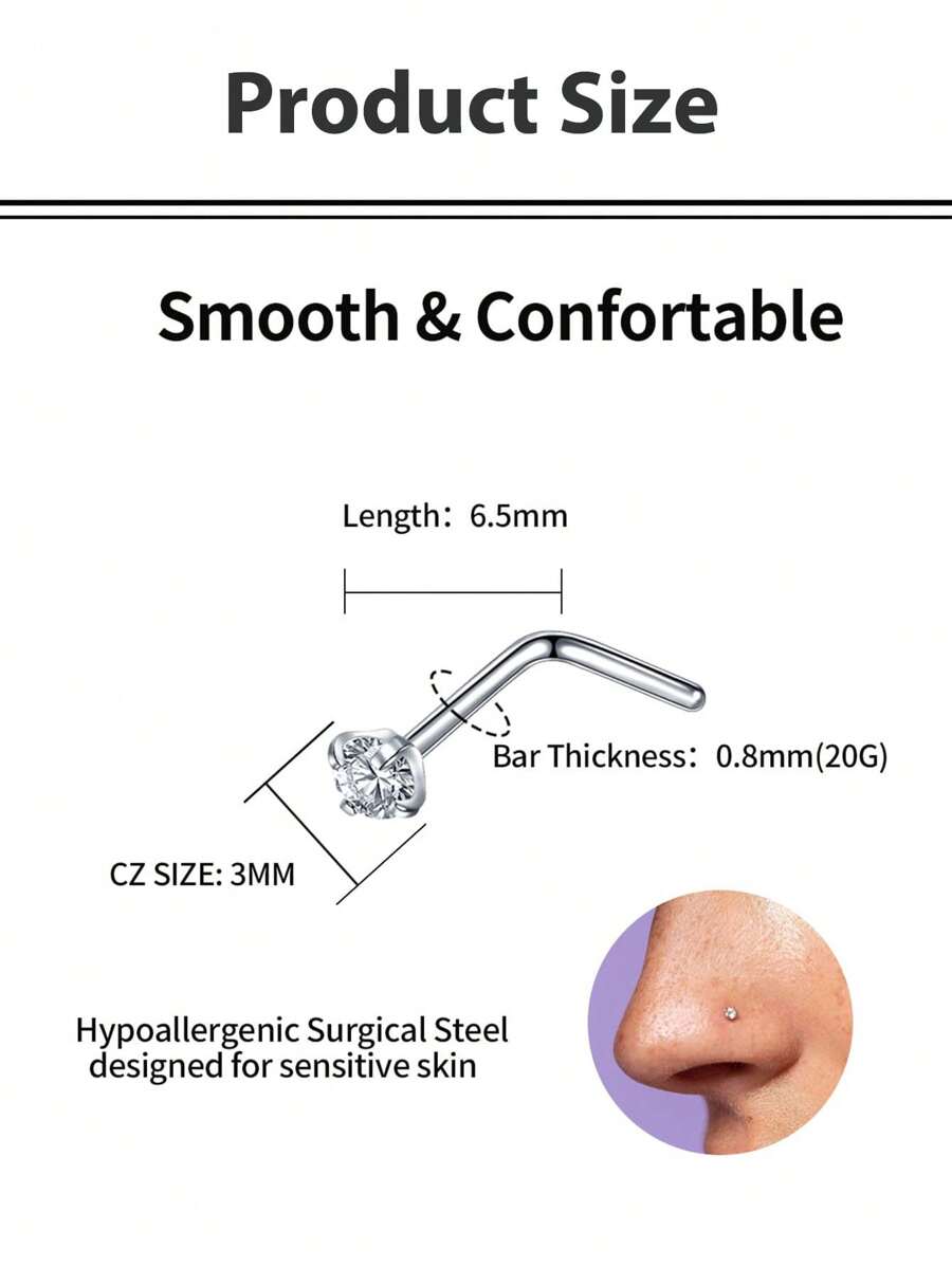 CIZME 6pcs Silvery Nose Studs Stainless Steel Nose Stud Pack 20G L ...
