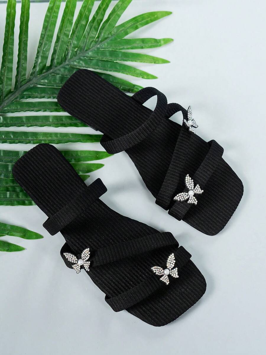 Women's Black Flat Sandals With Bow And Rhinestone, Square Toe Fabric ...
