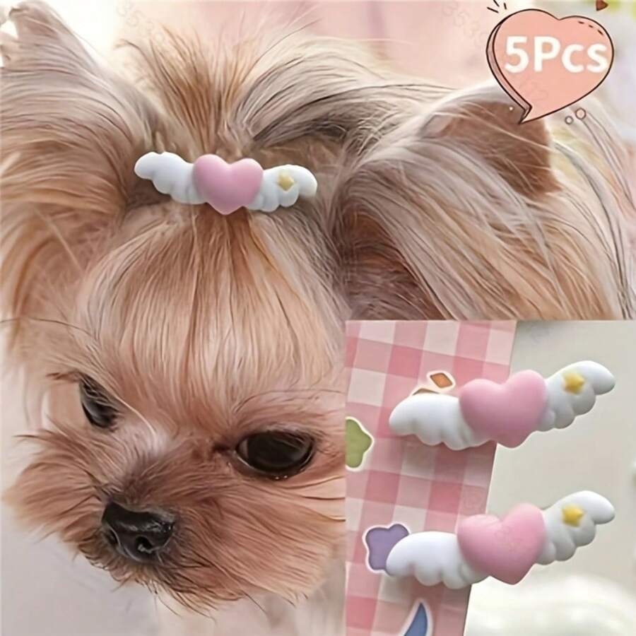 5/10pcs Pink & Light Heart Shaped Hair Clips, Pet Accessories, Dog Hair ...