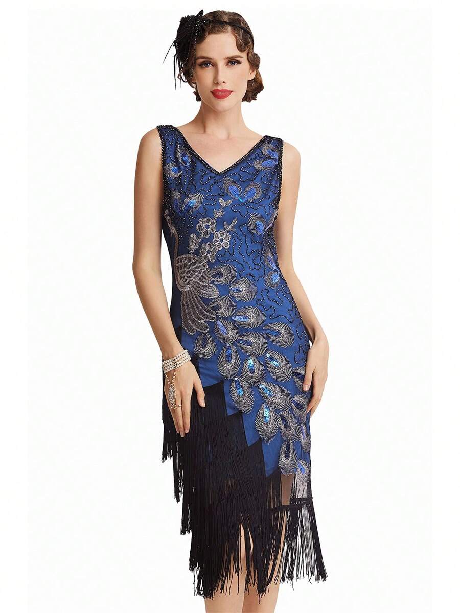 BABEYOND 1920s Vintage Peacock Sequined Dress Gatsby Fringed Flapper ...