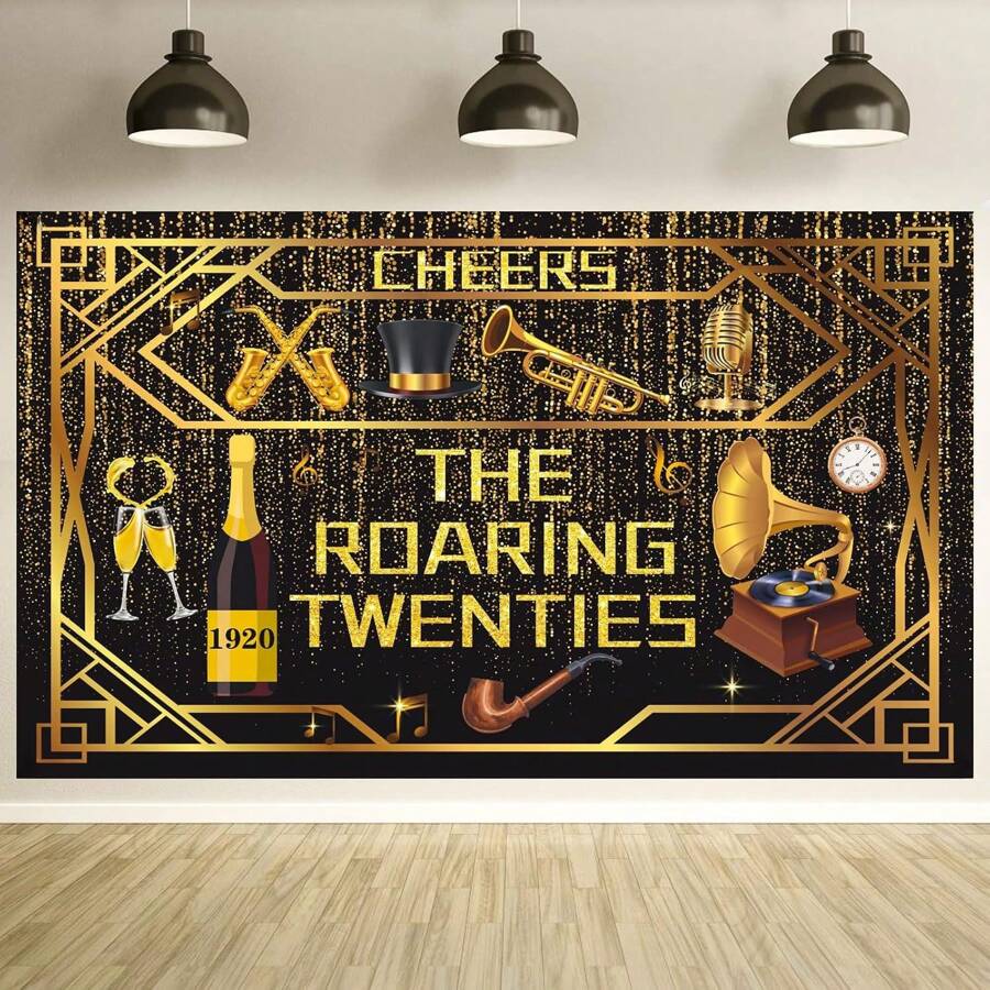 1pc Roaring 20s Party Backdrop Banner, 1920s Banner Black And Gold ...