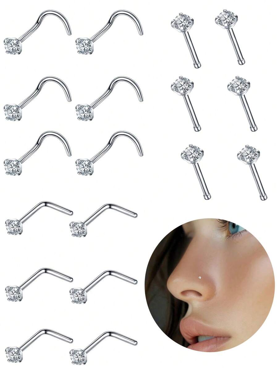 CIZME 6pcs Silvery Nose Studs Stainless Steel Nose Stud Pack 20G L ...