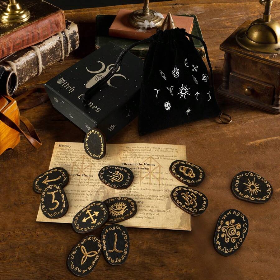 Wooden Witch Runes Set With Guidebook And Pouch, Witch Runes Set For ...