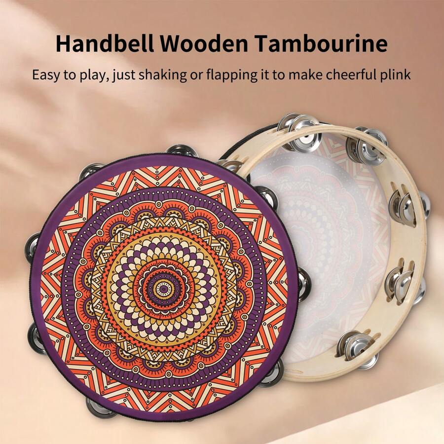 10 Inch Wooden Tambourine Handbell Hand Drum With Double Row 16pcs ...