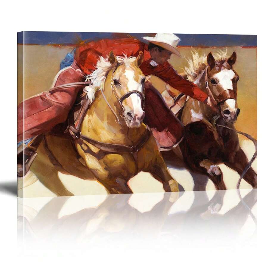 1 Piece Framed Red Western Sports Abstract Cowboy Rodeo Canvas Art ...