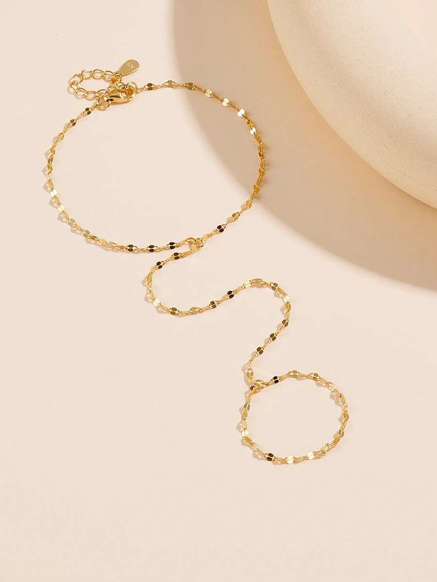 1pc S925 Sterling Silver Plated 18k Gold Glossy Tile Chain Finger Ring ...