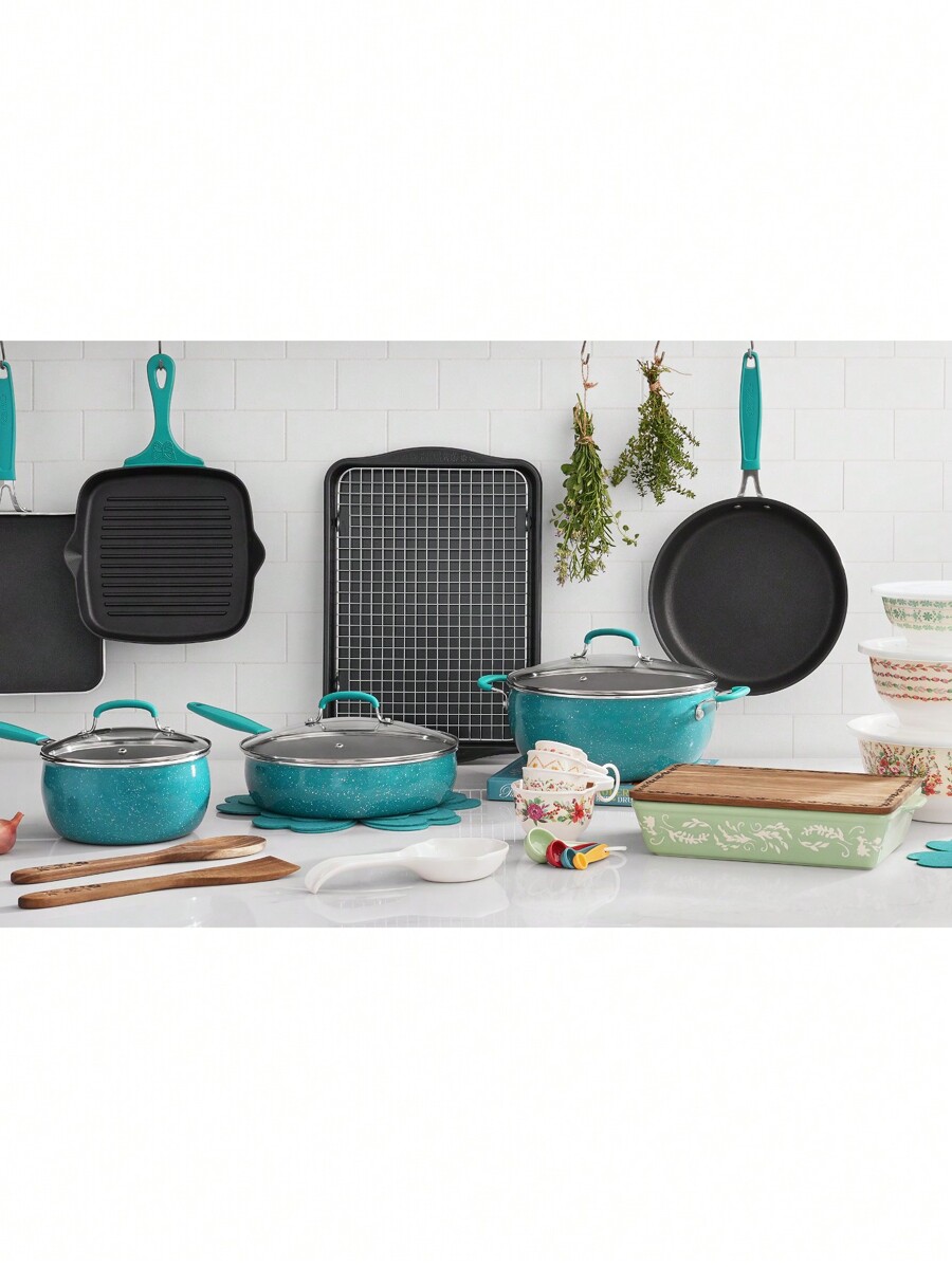 The Pioneer Woman Speckle Denim 34-Piece Aluminum Cookware Combo Set ...
