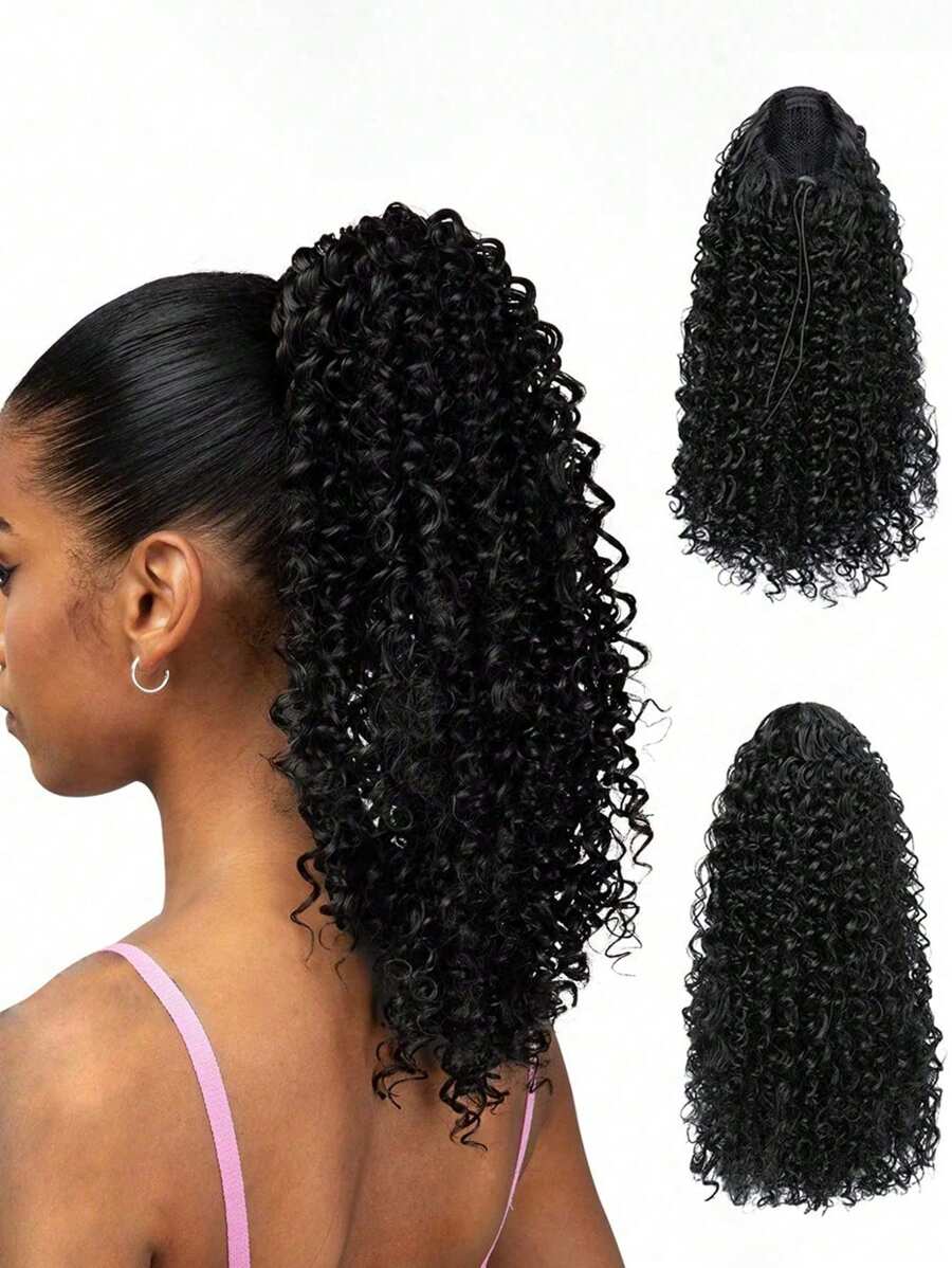 Black 14 Inch Long Curly Ponytail Curls Heat Resistant Synthetic ...