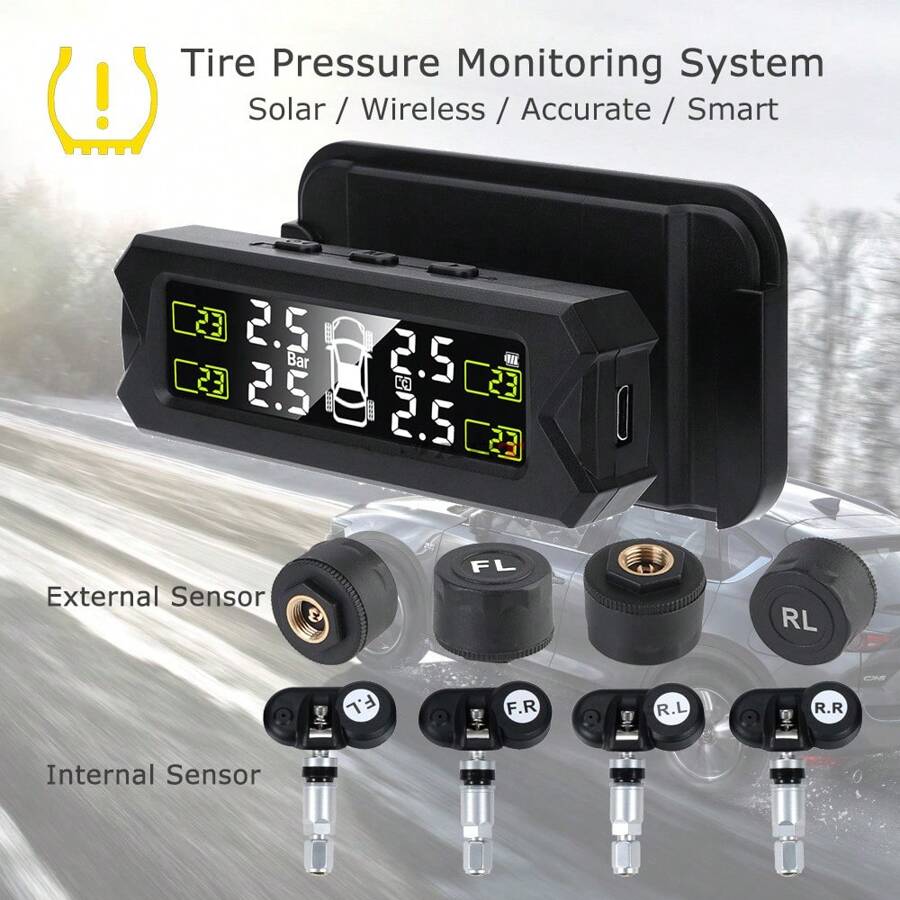 Solar Power Tire Pressure Monitoring System Temperature Warning Tyre Pressure Sensor Car Tpms