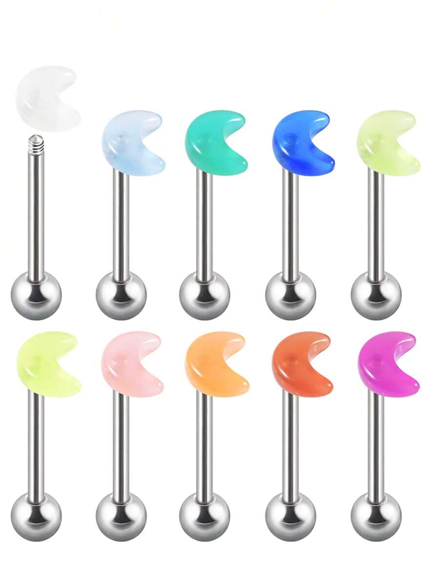 14G Stainless Steel Tongue Rings Straight Barbells Moon Shape GLOW IN ...