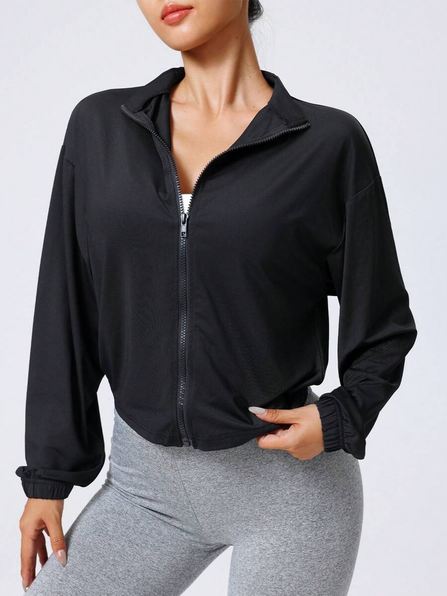 Women Stand Collar Zipper Front Sports Jacket, Casual Short Ribbed ...