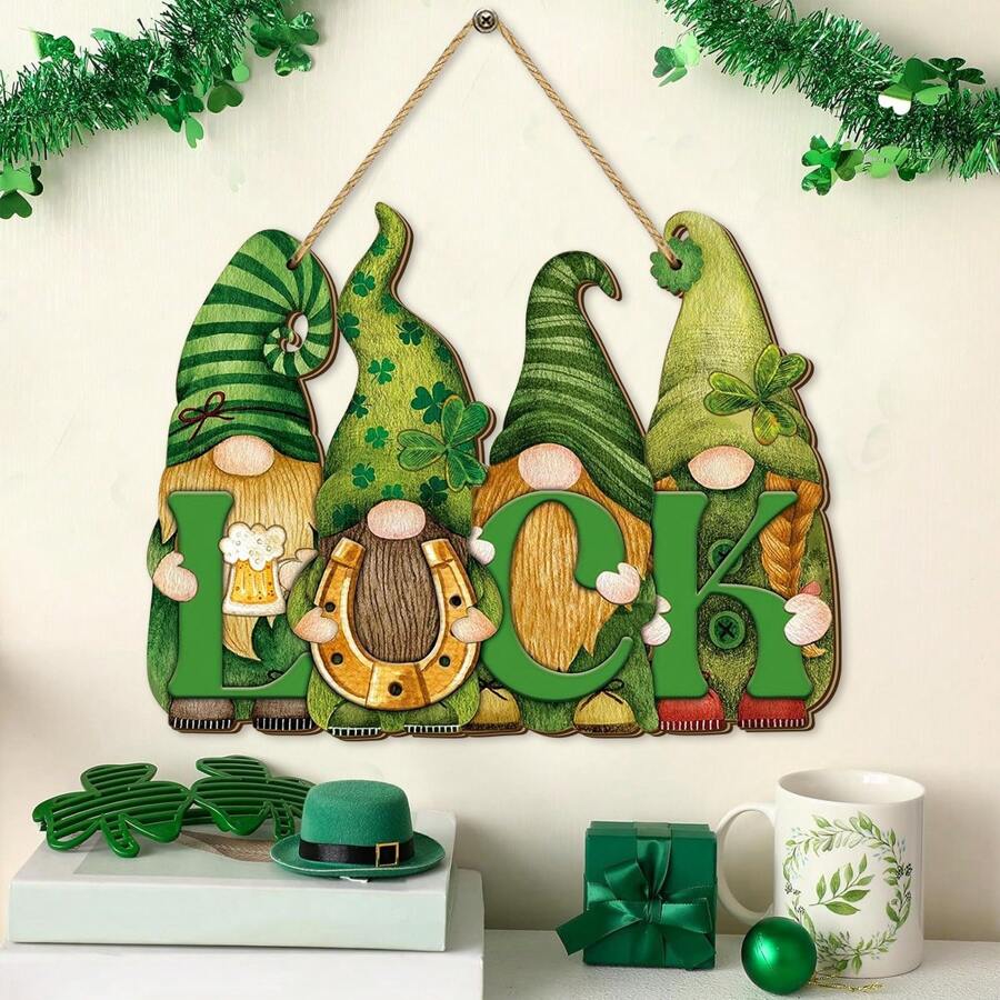 1Pc St. Patrick's Day Gnome Wreaths Sign Wooden Gnome Front Door Sign ...