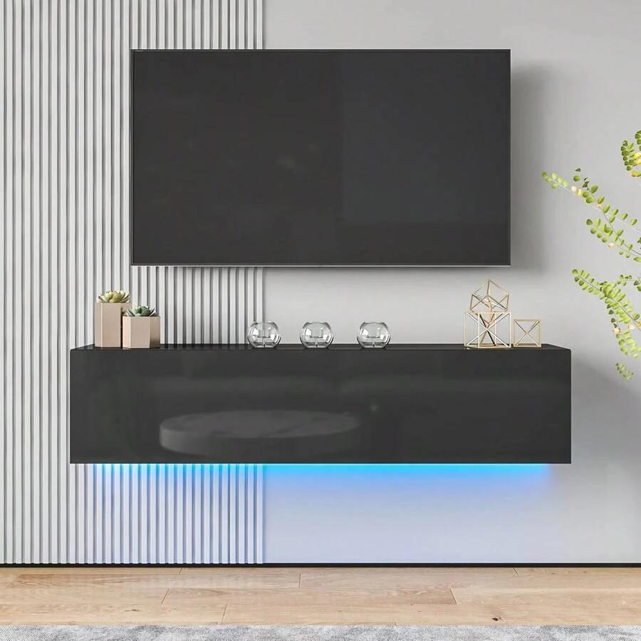 Floating TV Stand With LED Lights 55" Wall Mounted Modern Black ...