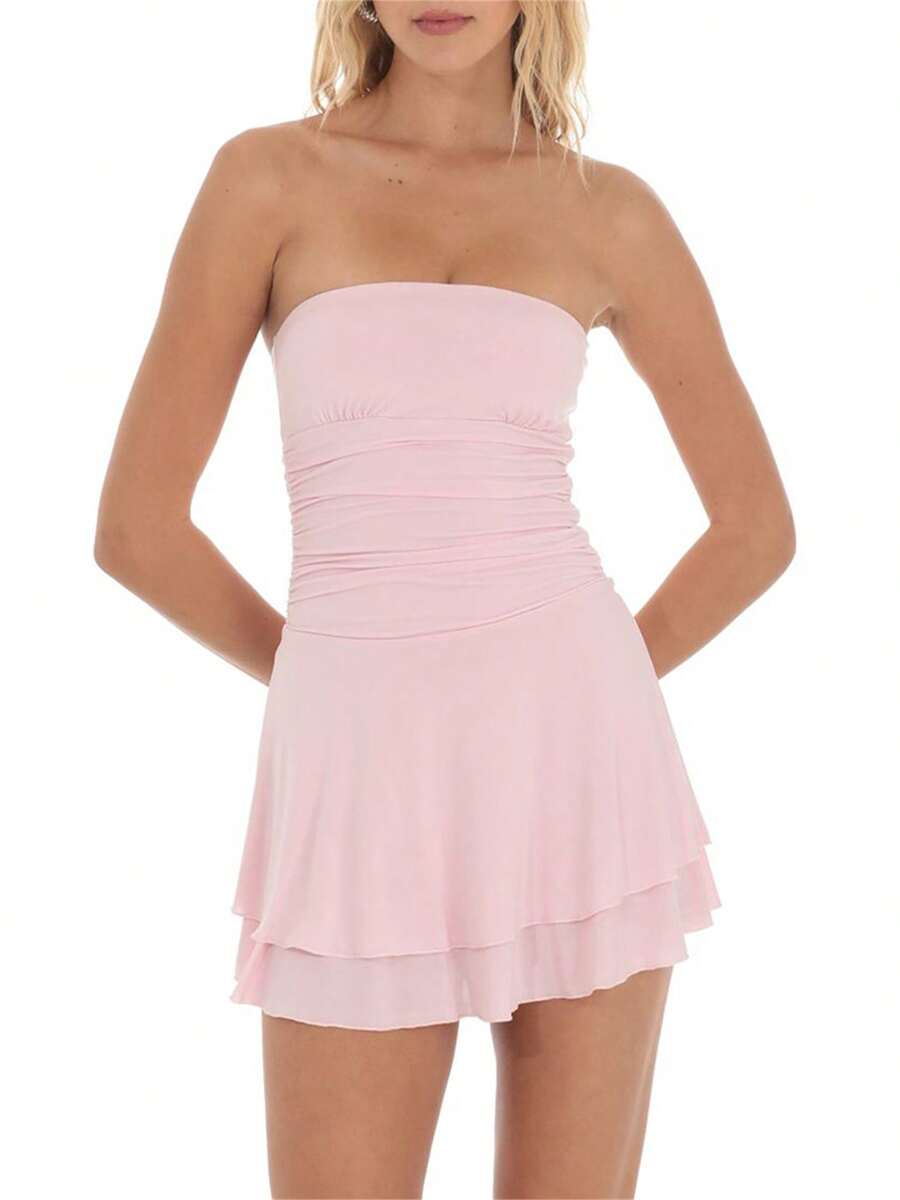 Women's Ruched Mini Dress Summer Strapless Solid Color Tube Top Dress ...