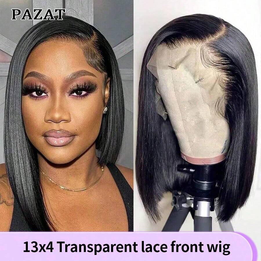 PAZAT Style tendance 13x4 Perruque bob noire naturelle en cheveux humains 13x4 Perruque frontal ...