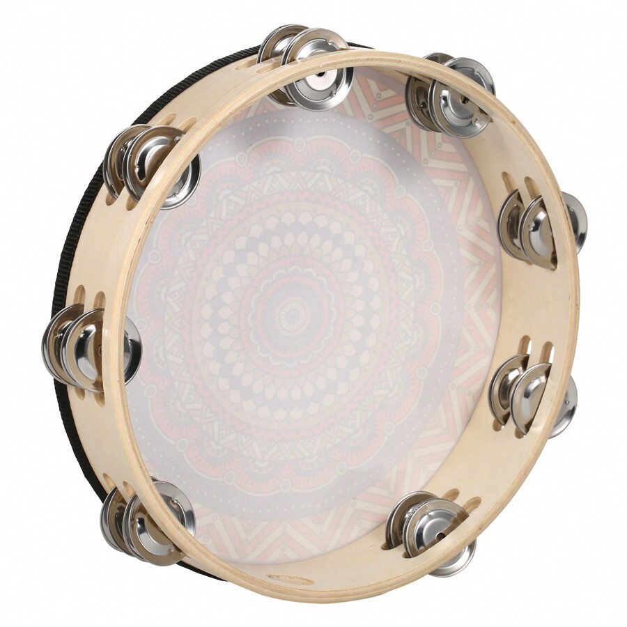 10 Inch Wooden Tambourine Handbell Hand Drum With Double Row 16pcs ...