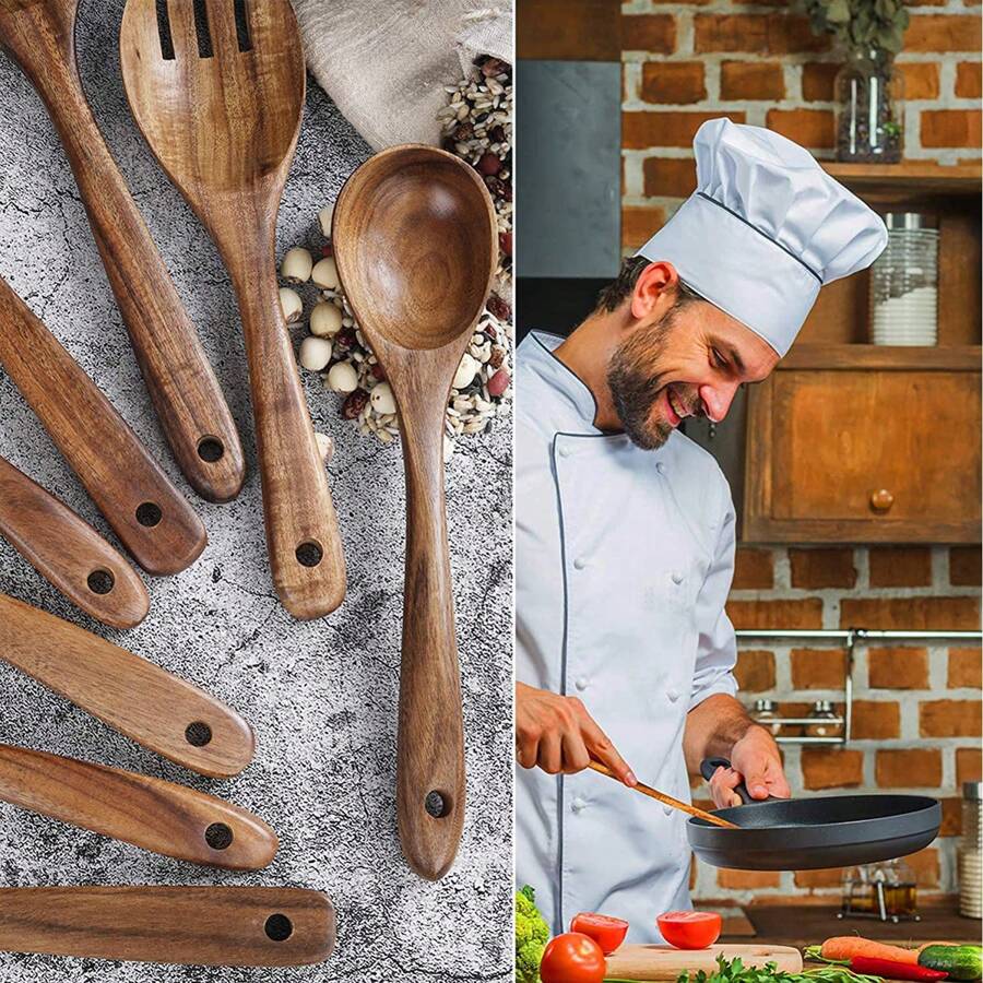 AIUHI 7pcs Wooden Kitchen Utensils Set, Wood Spoons For Cooking, Wooden ...