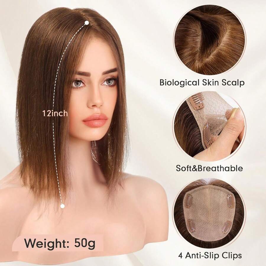 Hair Toppers For Women Real Human Hair 12 Inch 5*5.5 Inch Large Coverage Toppers For Women With ...
