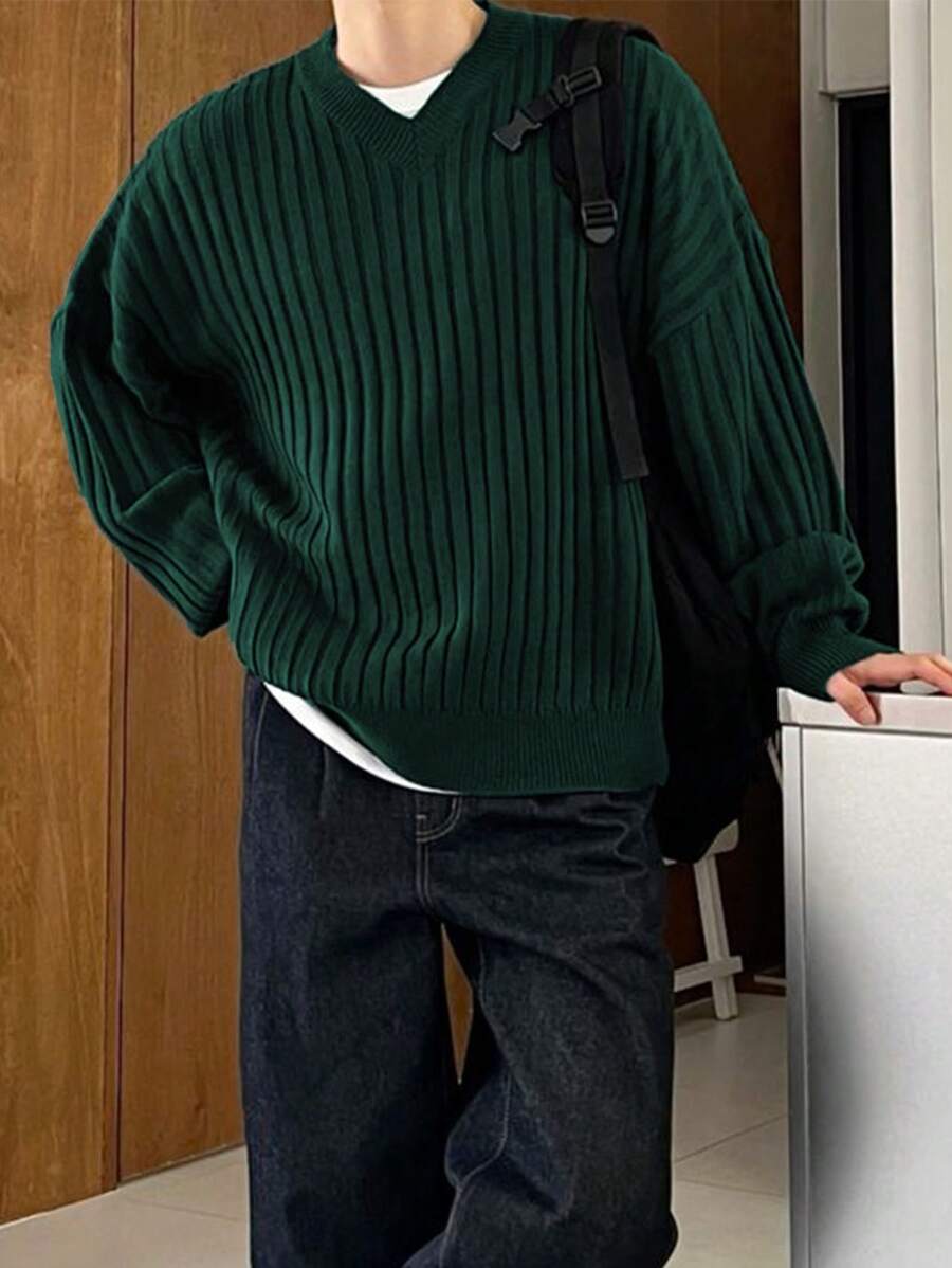 Unisex V-Neck Knitted Sweater, Loose Fit, Ribbed Textured Design, Long ...