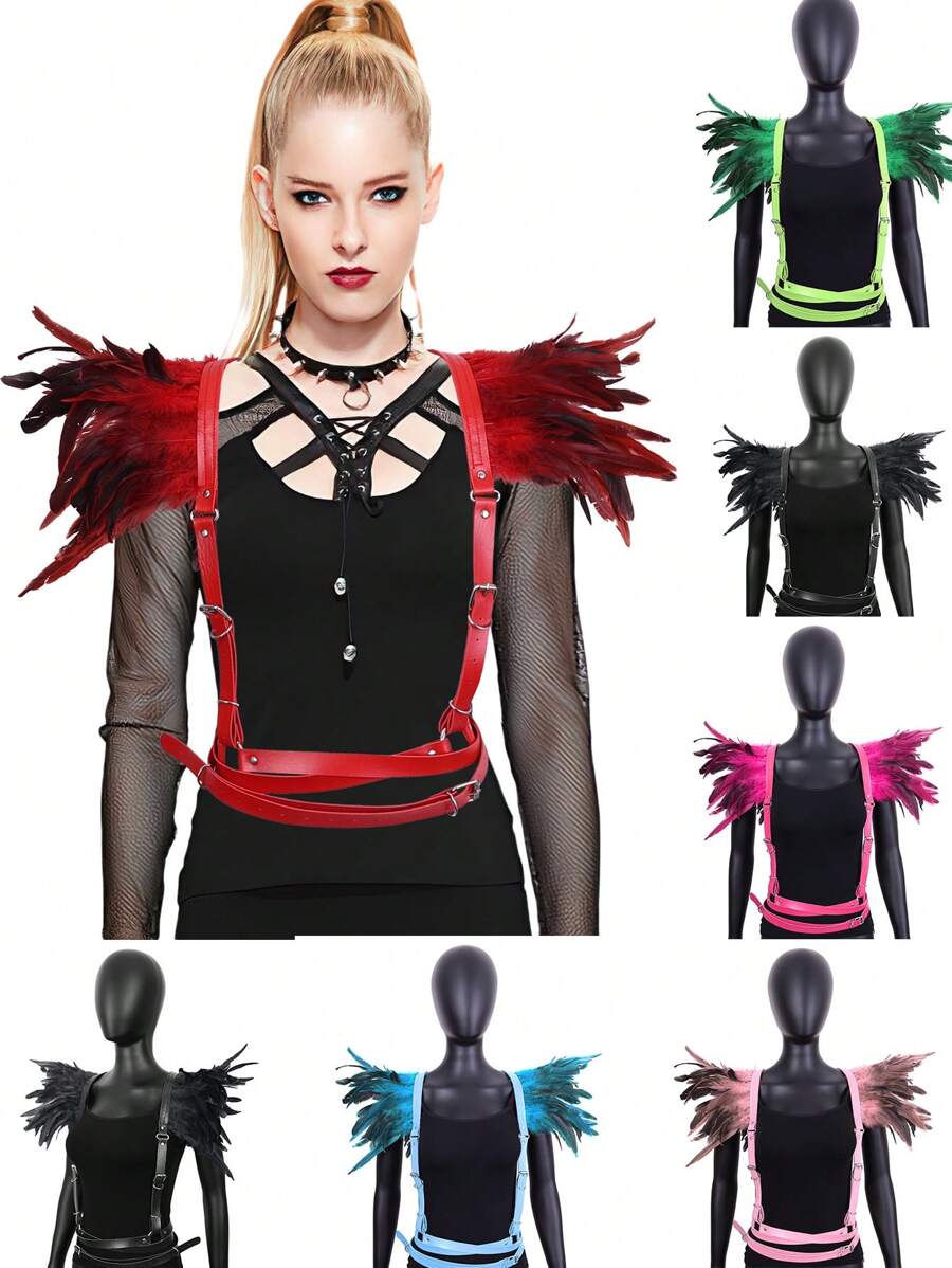 Women Artificial Feather Epaulet Shoulder Wings Leather Harness Cage ...