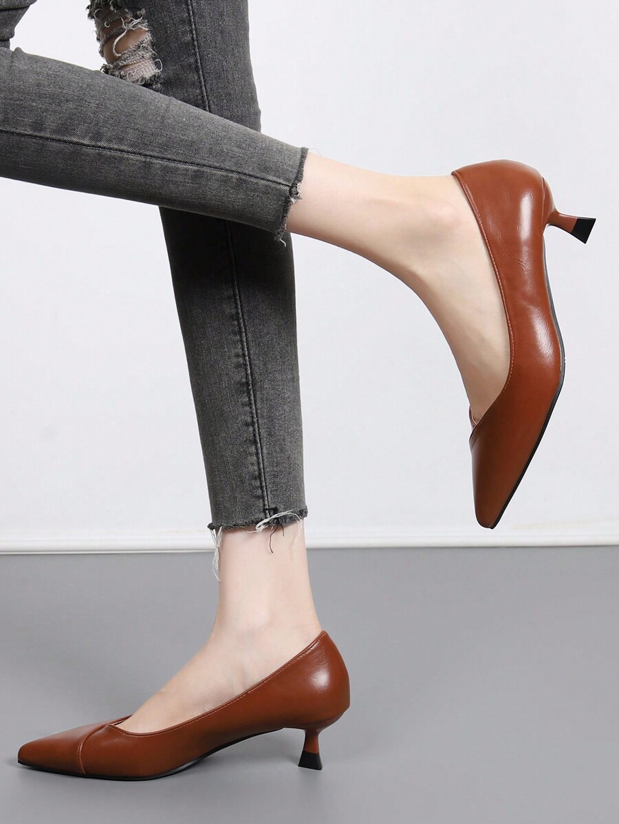 French Retro Pointed Toe Slip-On High Heel Shoes, Brown Soft Leather ...