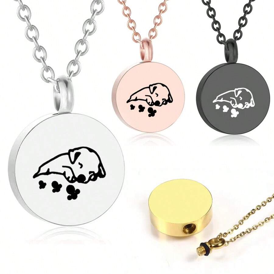Round Pet Urn Pendant Necklace, Dog Paw Print Engraved Cremation ...