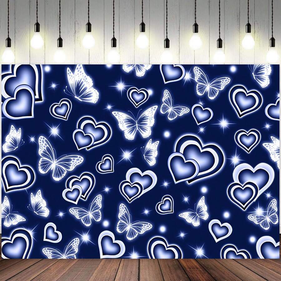 Birthday Backdrop Blue Heart Early 2000s Photography Background Glitter ...