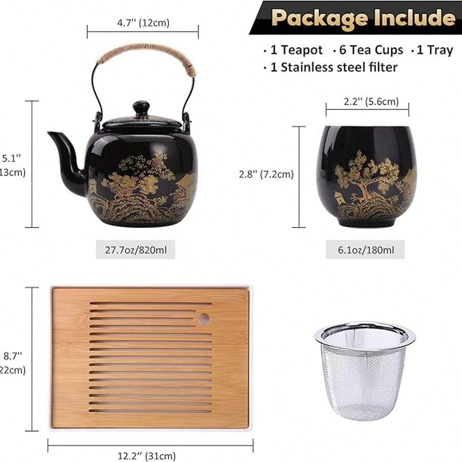 Japanese Tea Service, Black Porcelain Chinese Tea Set With Pot And Cups ...