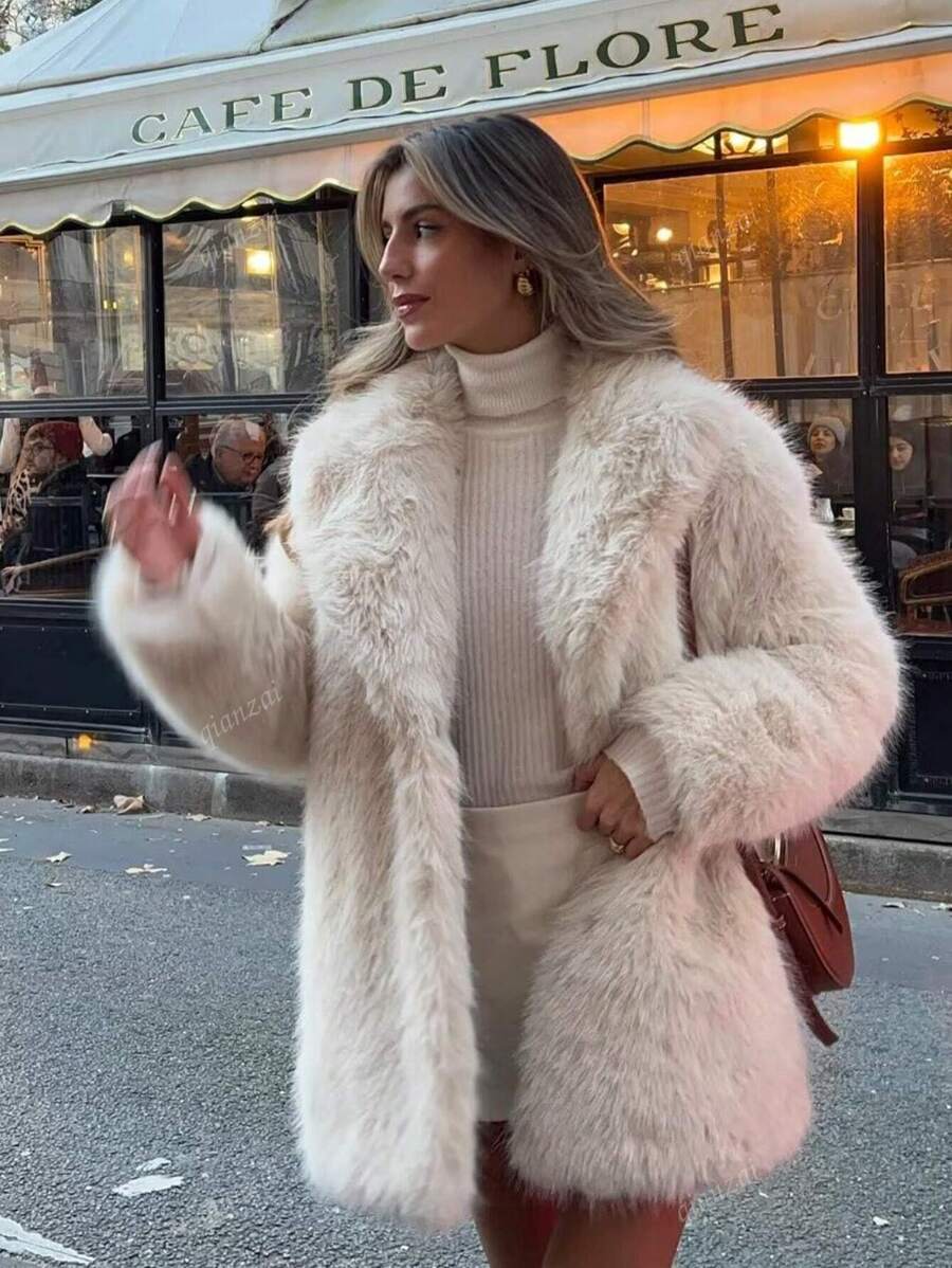 Women Vintage Solid Fluffy Coat Loose Casual Long Sleeve Lapel Jacket Winter Thick Warm ...