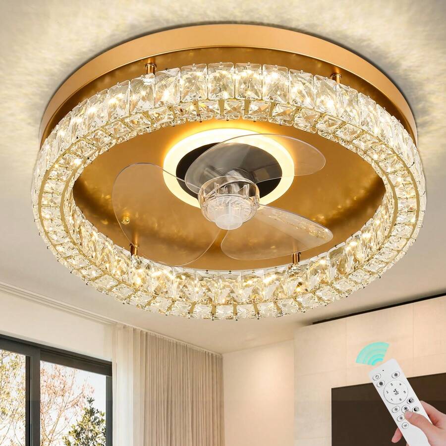 CLAIRDAI Crystal Ceiling Fans With Lights Flush Mount Ceiling Fan With ...