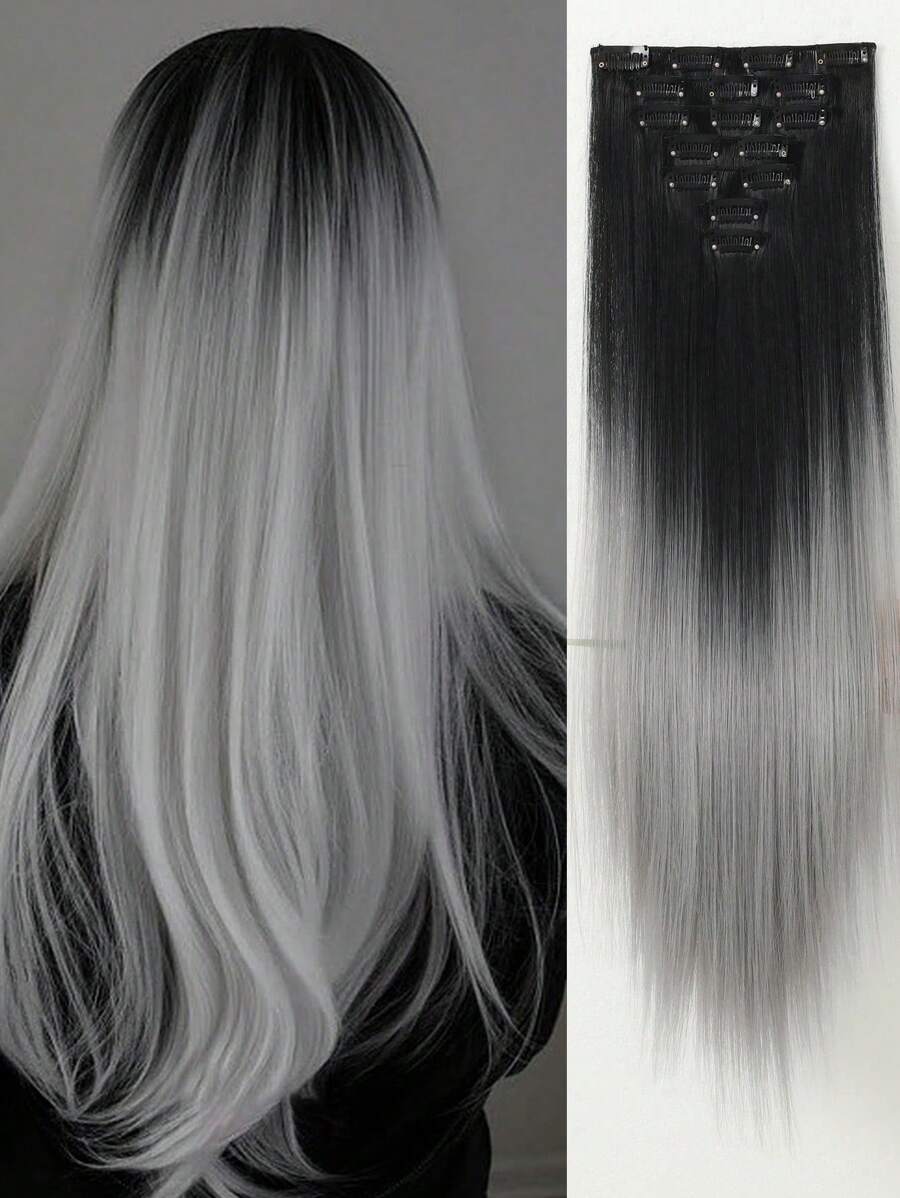 Straight Hair Extensions Long Black Grey Hair Extensions Clip In Hair ...