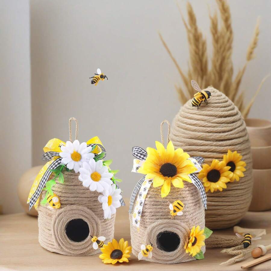 2 Packs Bee Hive Decor With Loop, Mini Beehive Farmhouse Bee Tiered ...
