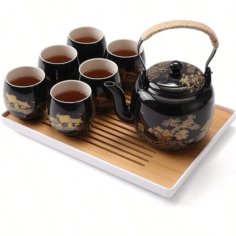 Japanese Tea Service, Black Porcelain Chinese Tea Set With Pot And Cups ...