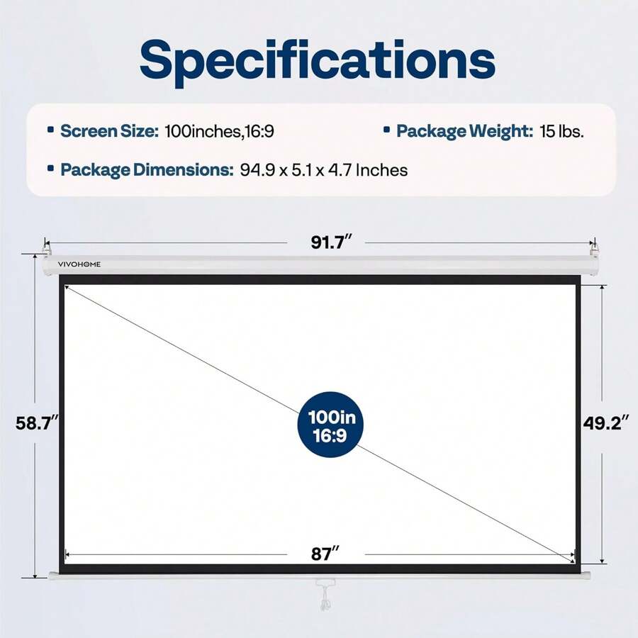 SPECSTAR 100 Inch Manual Pull Down Projector Screen, 16:9 HD ...