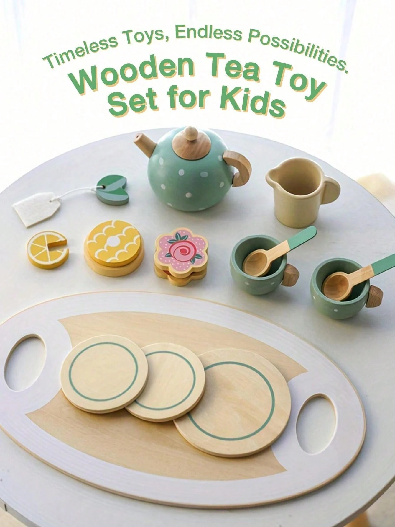 Wooden Tea Set For Kids, Play Kitchen Accessories For Toddlers Princess Tea Party With Play Food ...
