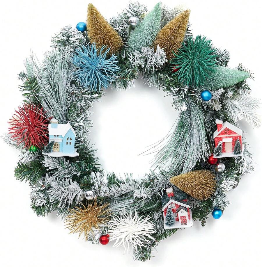 24 Inch Wreaths For Front Door, Xmas Village Wreath With Tree And ...