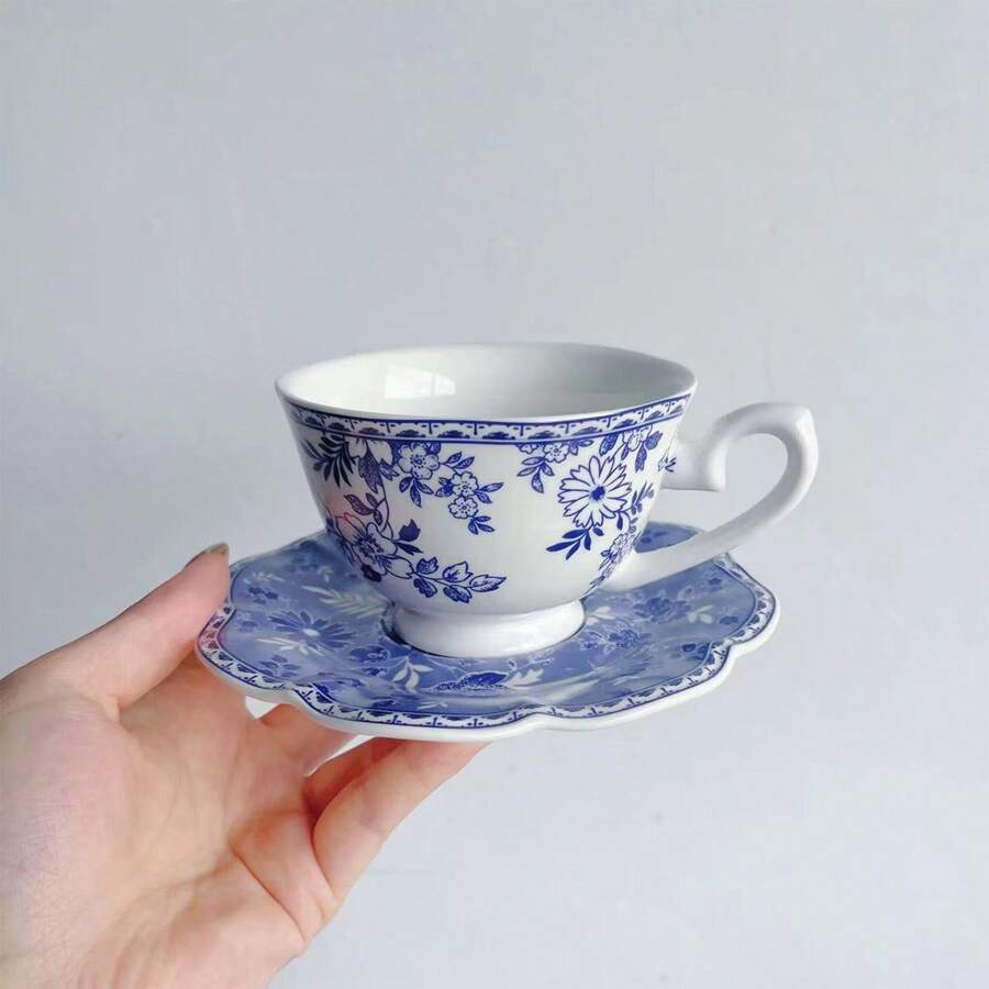 French Retro Blue & White Porcelain Coffee Cup & Saucer Set, Ceramic ...