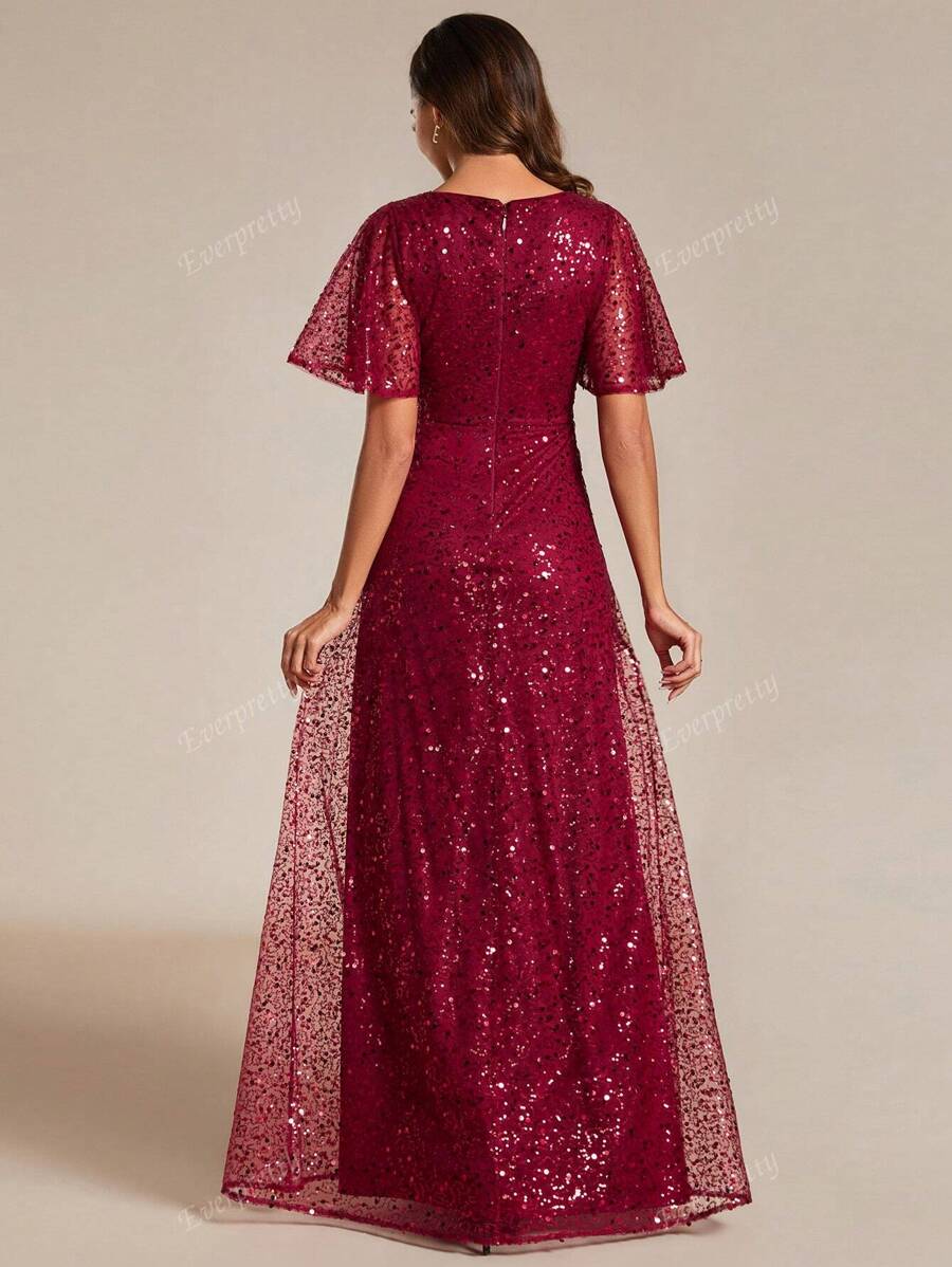 EVER-PRETTY EVER-PRETTY Elegant Spring Sequin Ruffle Sleeve V Neck A ...