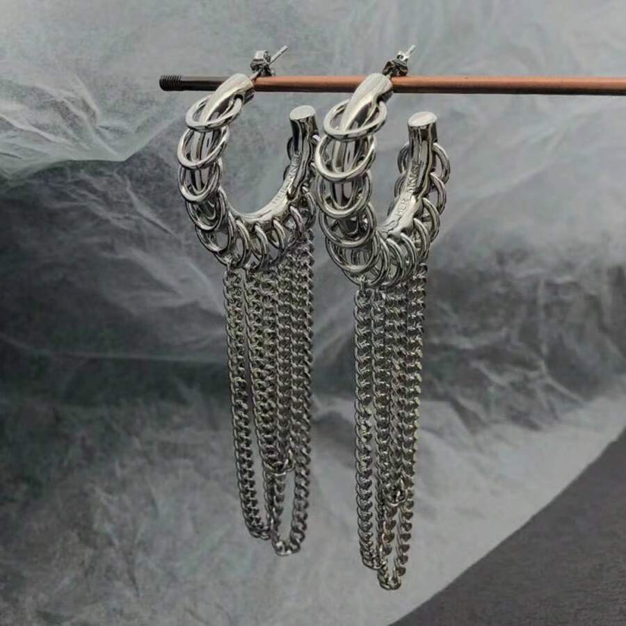 1pc Pointed Rivet Earring, Gothic Chain, Exaggerated Tassel, Skull ...