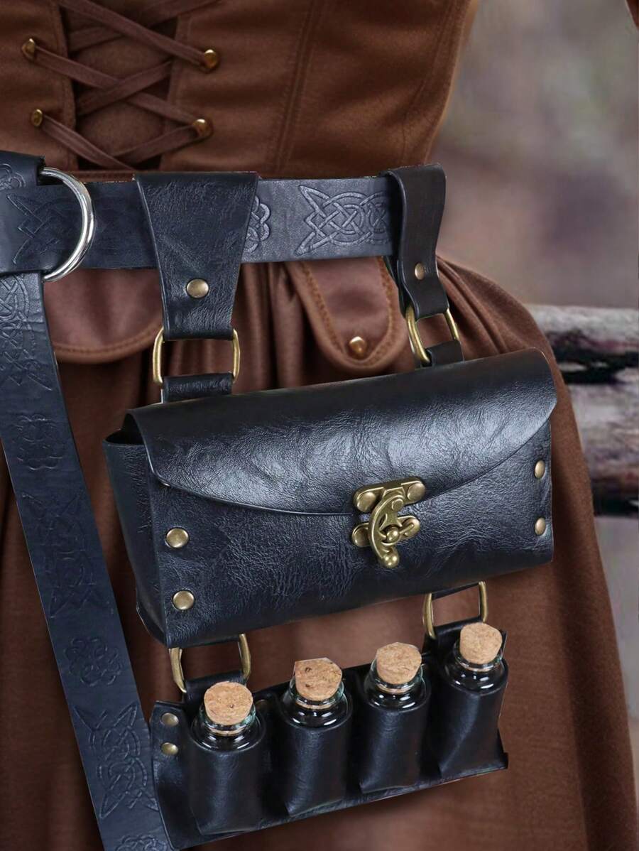 PU Leather Medieval Knight Belt Bag With 4 Cork Potion Vials Viking ...