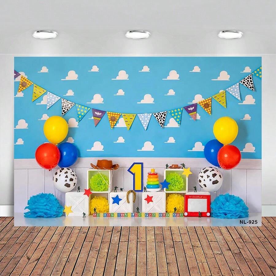 Cartoon Story Backdrop Blue Sky White Clouds Background Birthday Party ...