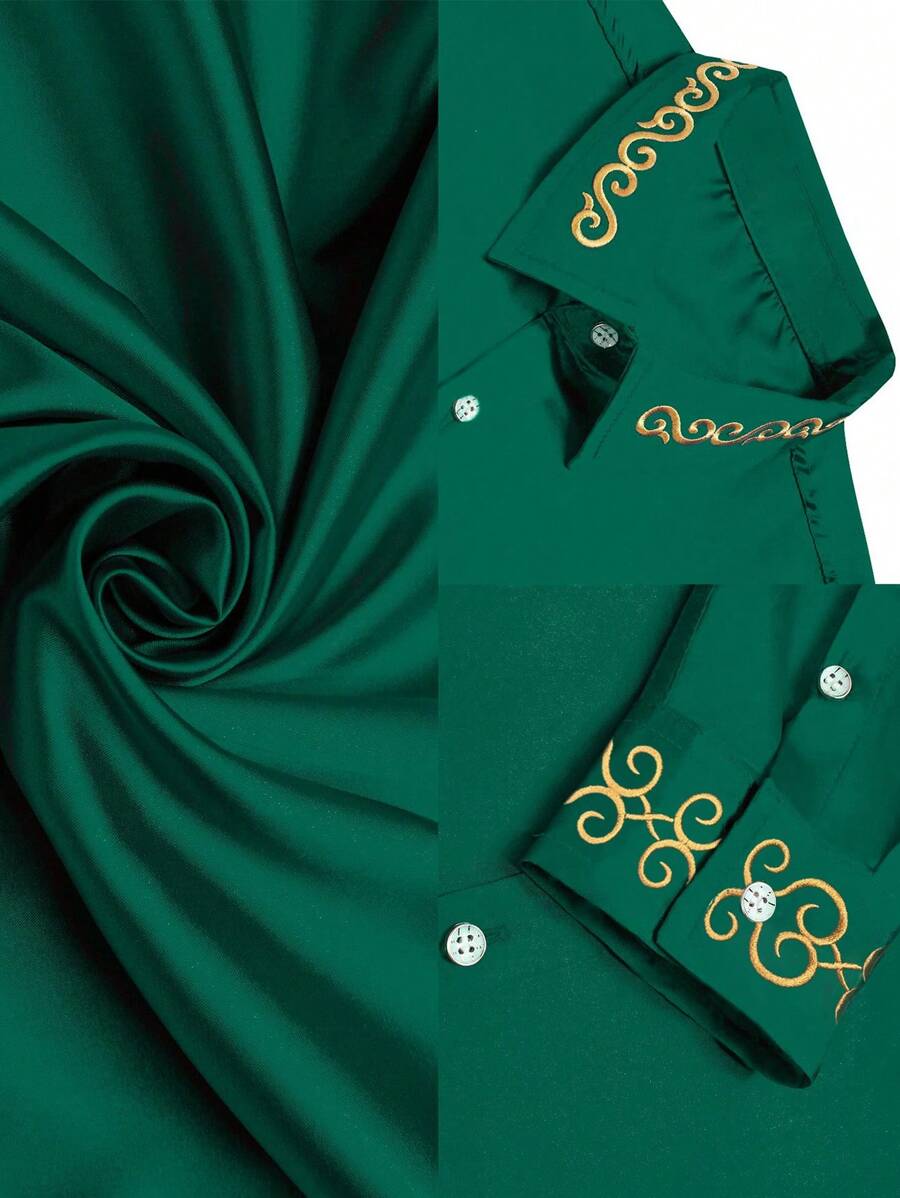 Men's Luxury Satin Formal Shirt, Shiny Embroidery Silk Long Sleeve ...