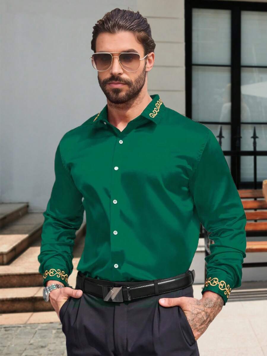Men's Luxury Satin Formal Shirt, Shiny Embroidery Silk Long Sleeve ...