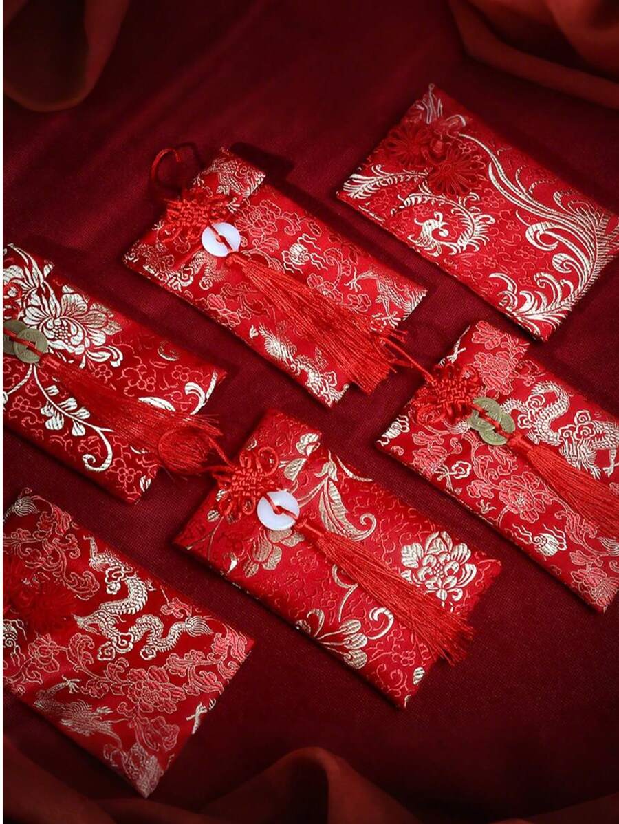 1/6/12 Pcs 2025 Silk Chinese New Year Red Envelopes, Random Lucky Money ...
