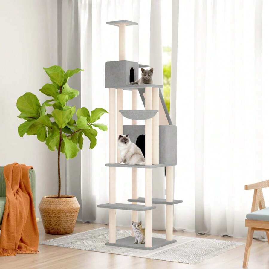 Light Gray Cat Tree With Sisal Scratching Posts 201 Cm Tall Multi-Level ...