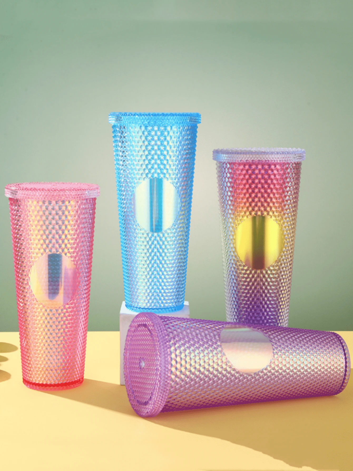 1pc Double Layer Plastic Cup With Electroplated Straw, Diamond ...